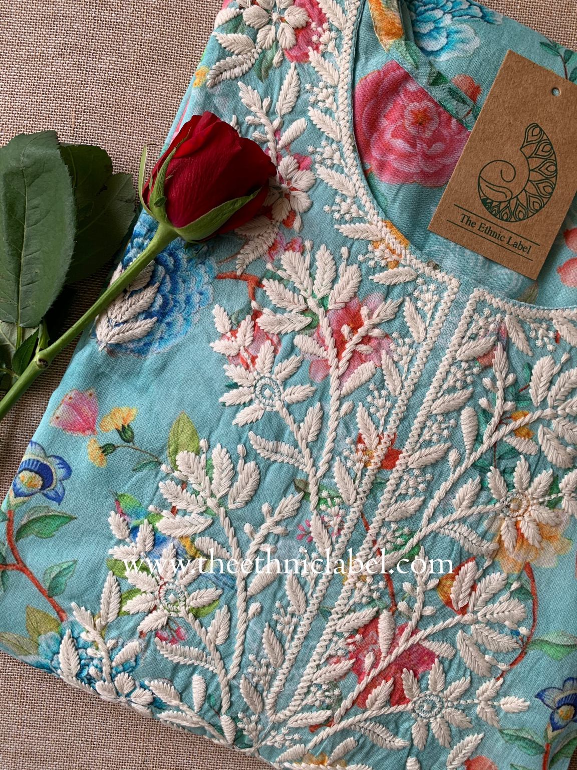 Anahita Chikankari Floral Cotton Kurta Blue 3/4 Sleeve – Sale Festive