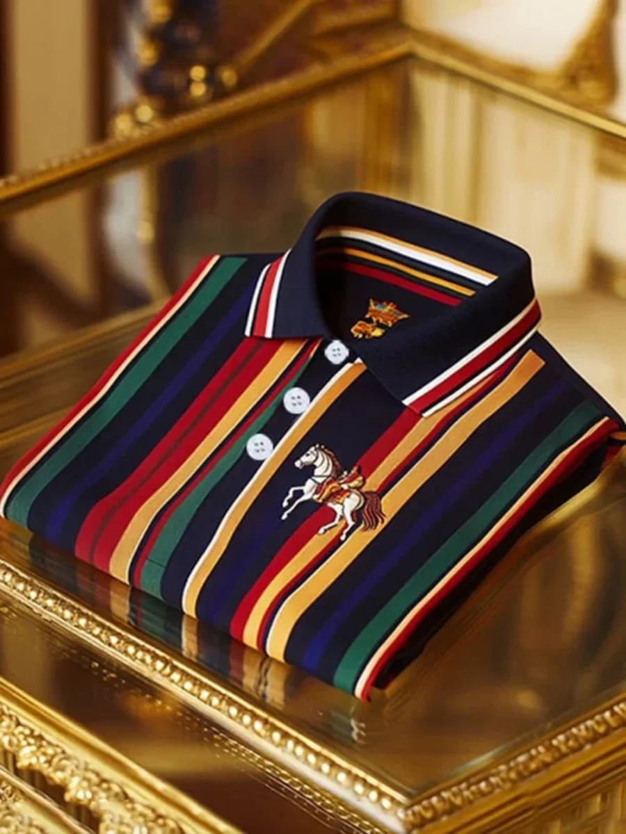 Men’s Business Stripe Logo Print Short Sleeve Shirt – Sale Festive